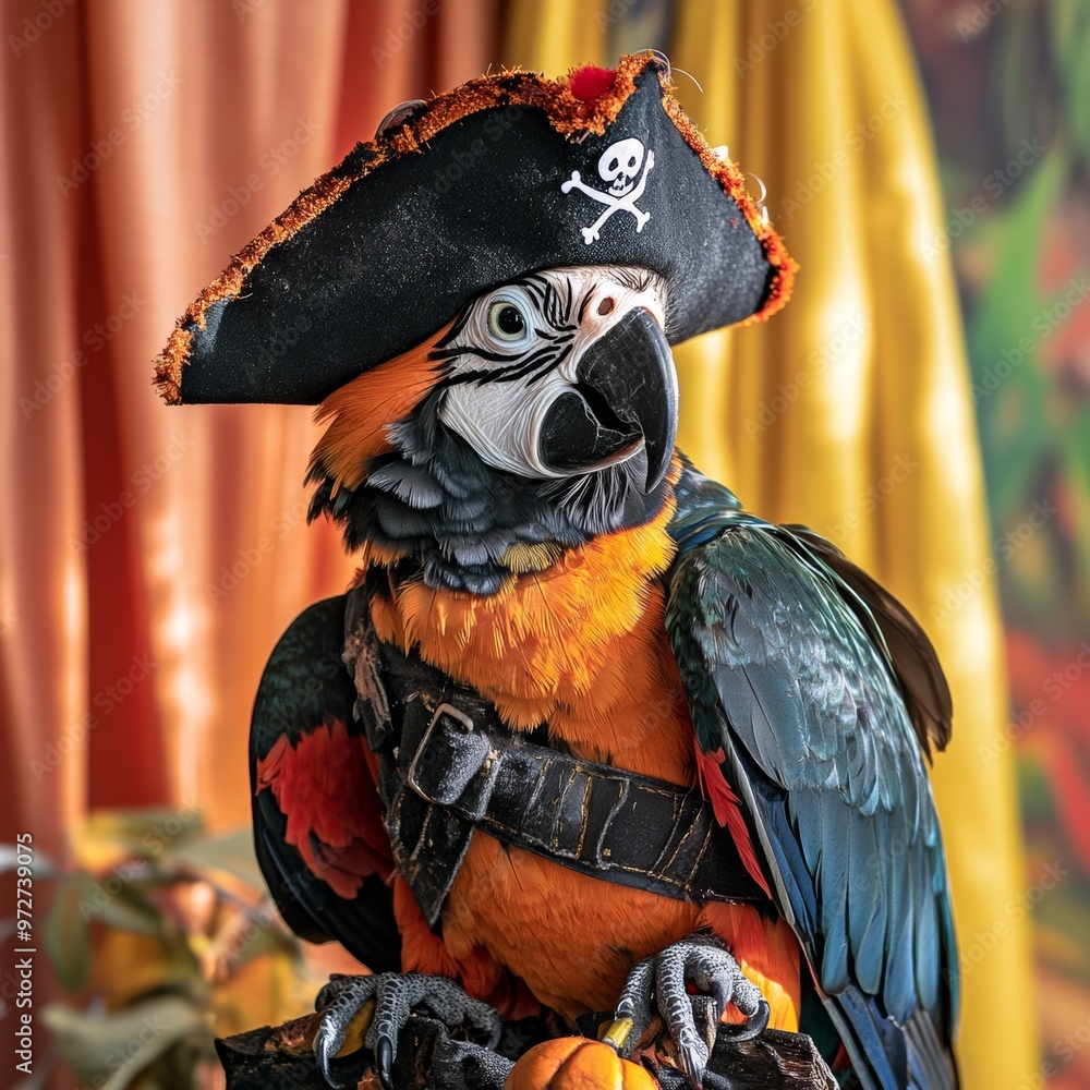 Parrot wearing a pirate hat and eye patch on a Halloween-themed perch ...