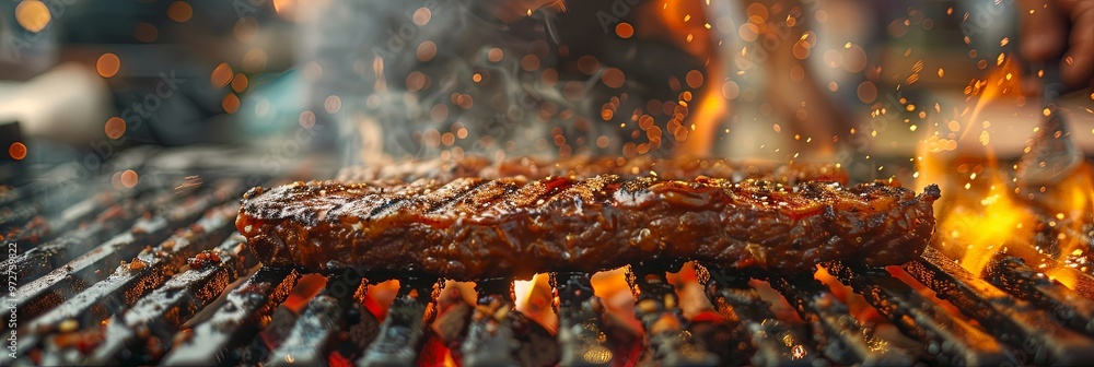 The intense scene features a single slab of meat sizzling over high ...