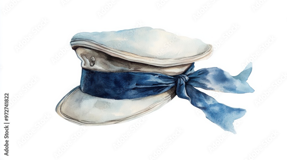 Elegant vintage sailor hat with a blue ribbon displayed on a white ...