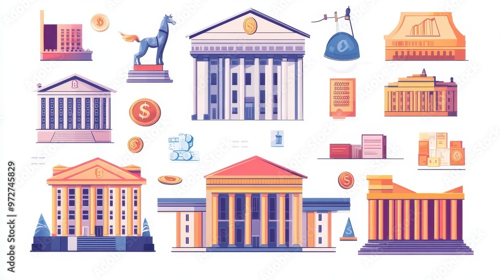 Collection of illustrated bank buildings and financial symbols in a ...