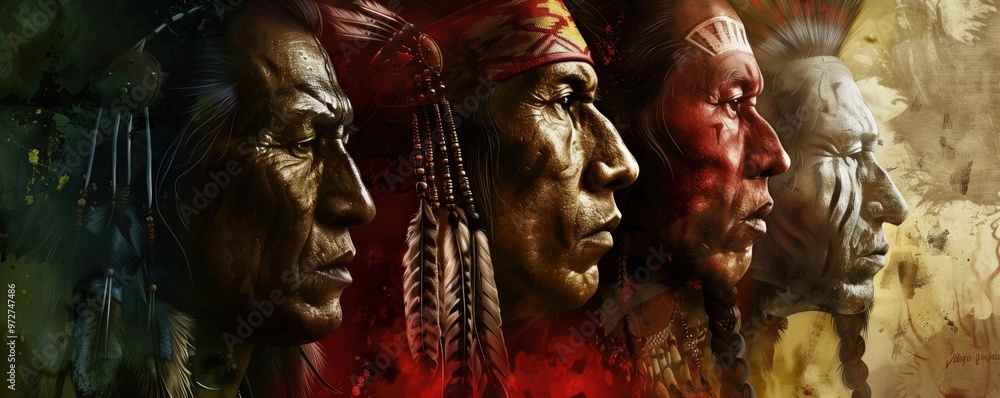 Portrait Series of Native American Warriors in Traditional Headdresses ...