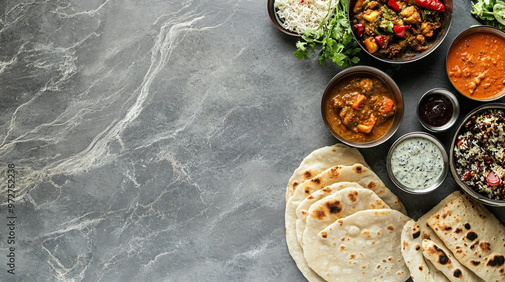 Poster Flatlay of various Indian dishes with naan bread. – Wall Art ...