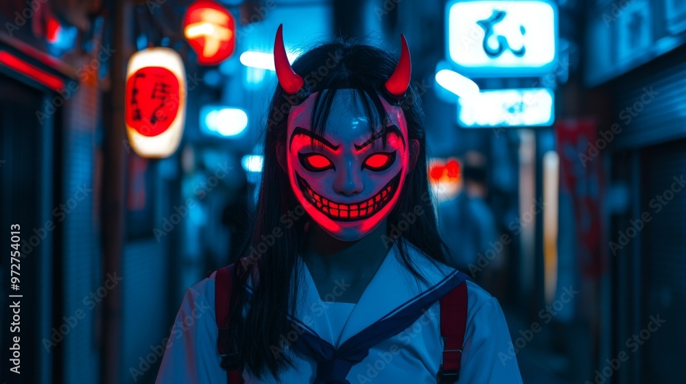 An anime girl face character with a cyberpunk mask horror theme ...