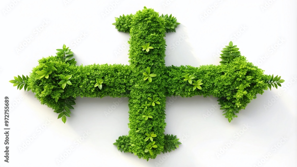 Vibrant green plus symbol (+) made from lush leaves and stems ...