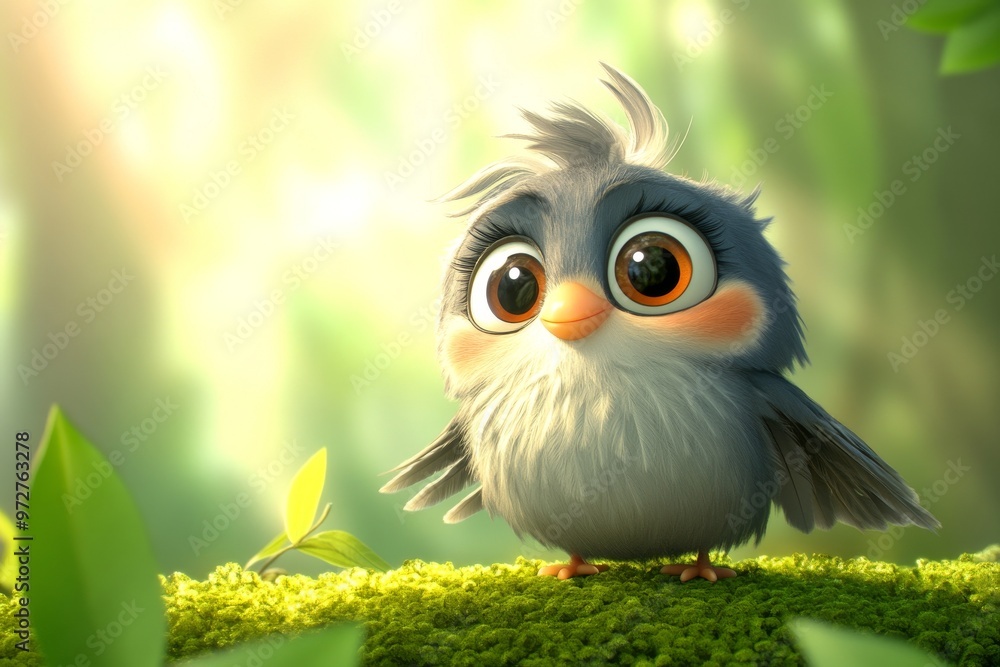 Animated cartoon illustration of a cute adorable sparrow in nature in ...