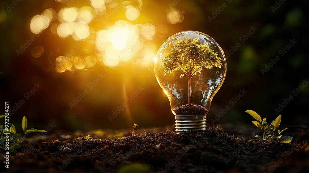Tree growing inside lightbulb, sunlight streaming on soil, concept of ...