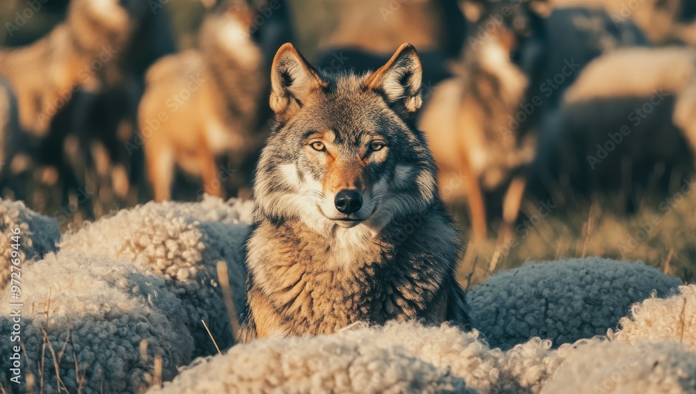 In a group of sheep, we see a wool-clad wolf. The wolf poses as a sheep ...