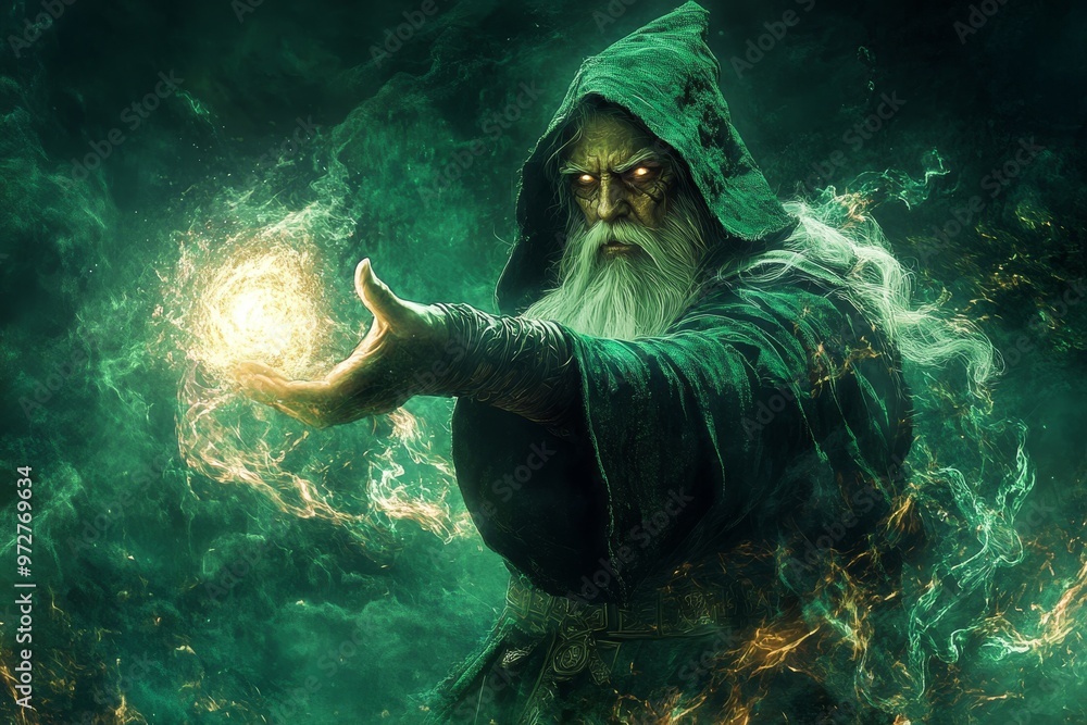 A collage picture generated using stock showing a medieval wizard using ...