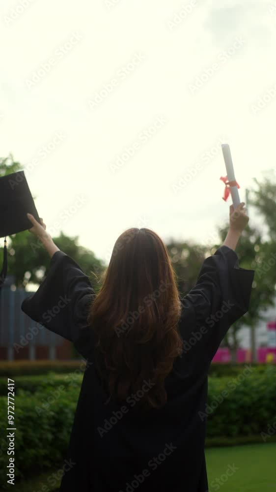 Vertical portrait back view of young graduate woman in wearing gown ...