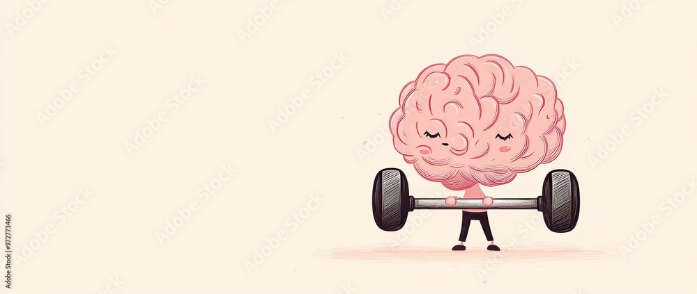 Cartoon brain lifting a bell for strong mental health, generated using ...