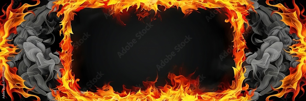 Bold illustration with a black background bordered by vivid flames and ...