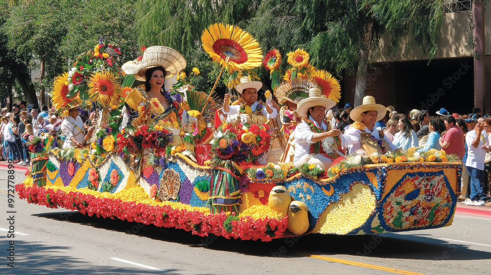 Photograph an elaborate float in a Hispanic Heritage parade, decorated ...