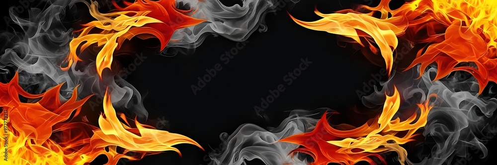 Bold illustration with a black background bordered by vivid flames and ...