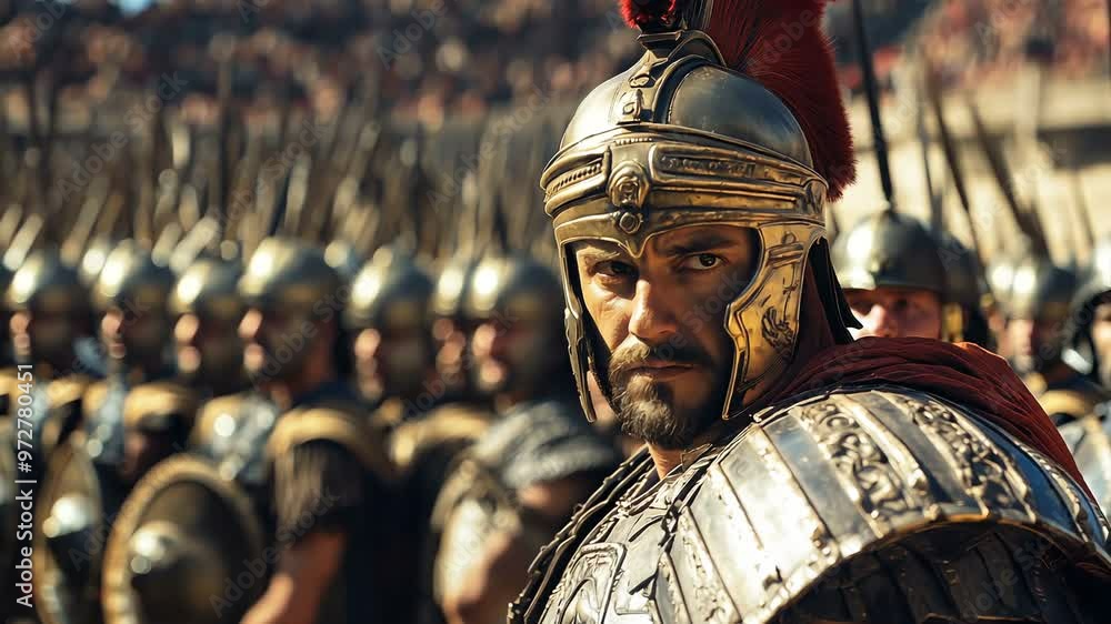A Roman centurion in gleaming armor and helmet stands at the forefront ...