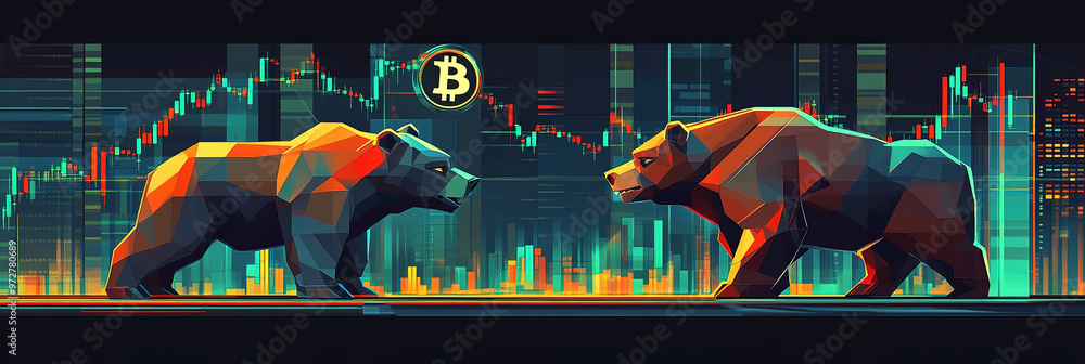 Bitcoin Logo with Bear and Bull Facing Off Amid Stock Market Charts and ...