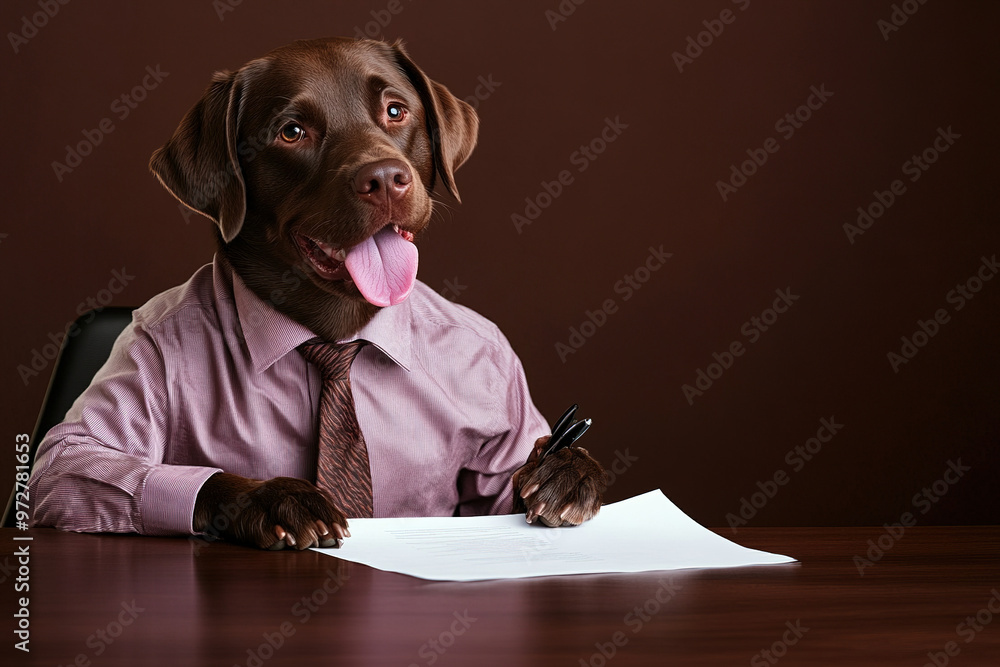 Chocolate Labrador Wearing Office Shirt and Tie, Sitting at Desk with ...