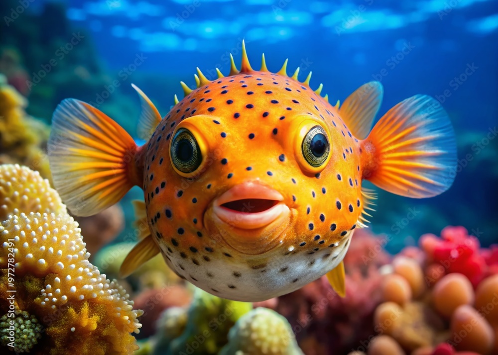 Vibrant orange pufferfish, known as pez globo in Spanish, swims amidst ...