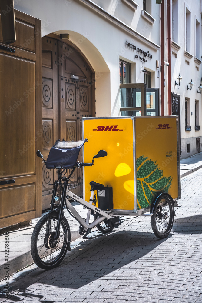 Vilnius, Lithuania, August 8, 2024: DHL electric delivery bike in city ...