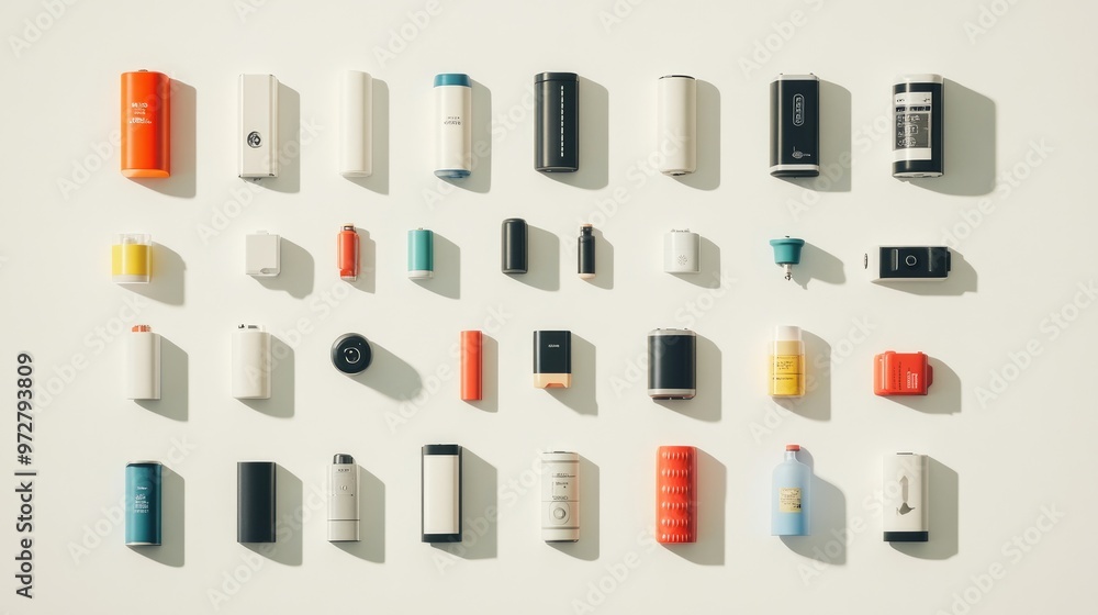 Different types of batteries arranged in a symmetrical pattern on a ...
