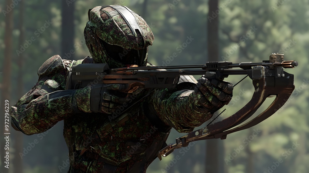 31. **Realistic 3D depiction of an armored ranger with a crossbow and ...