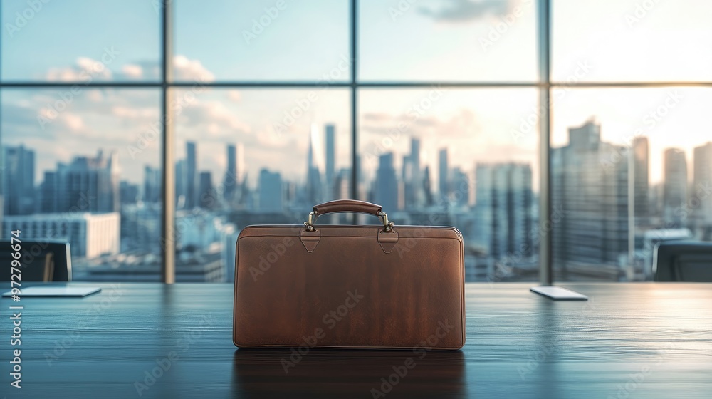 Open briefcase on a conference table, with a city skyline visible ...