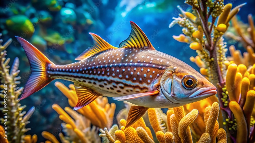 Vibrant spotted ratfish swims amidst coral reef, its iridescent scales ...