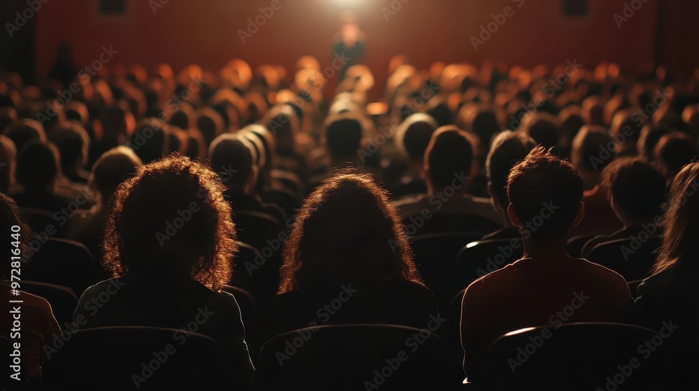 diverse audience viewed from behind in dimly lit auditorium spotlight ...