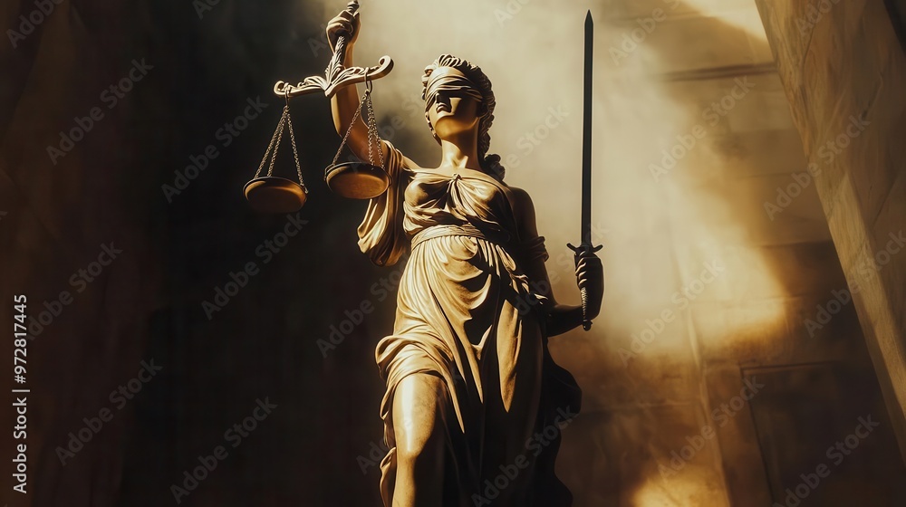 Poster dramatic chiaroscuro composition of lady justice statue holding ...