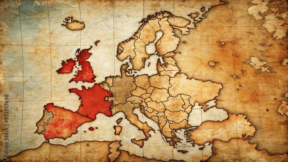 ภาพประกอบสต็อก Vintage-style map of England highlighted in red ...