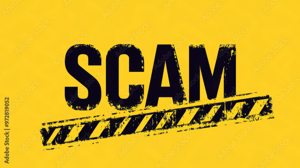 Yellow warning background with the word scam emphasized in bold black ...