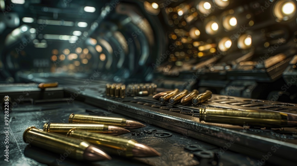In the foreground, several brass rifle ammunition lie on an industrial ...