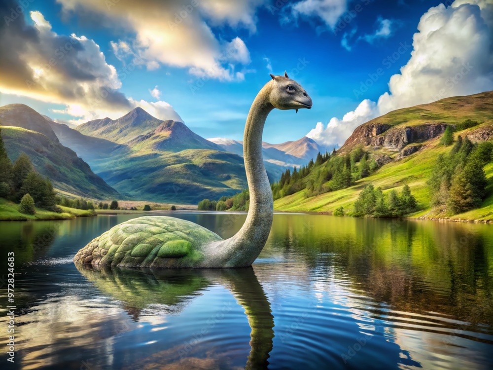 Whimsical illustration of the mythical Creature of Loch Ness, a ...