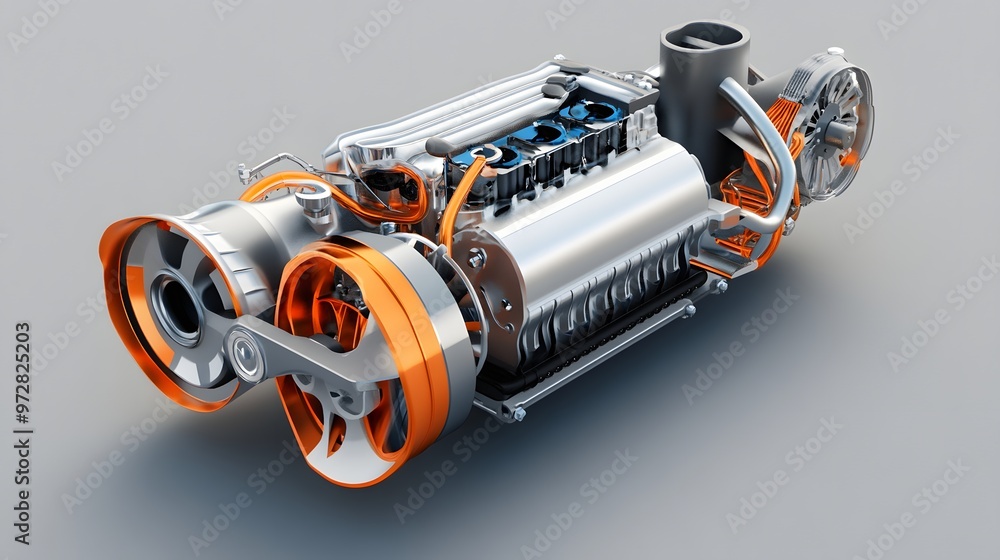 50. **Realistic 3D model of a cutting-edge hybrid engine with visible integration of electric ...