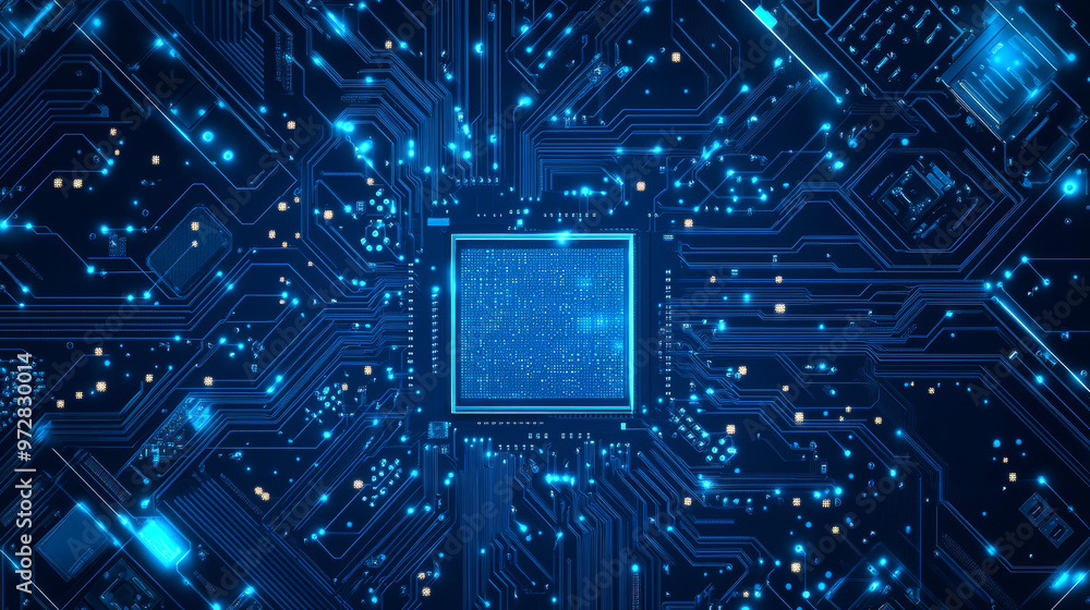 A detailed digital vector illustration showing an AI chip from a top ...