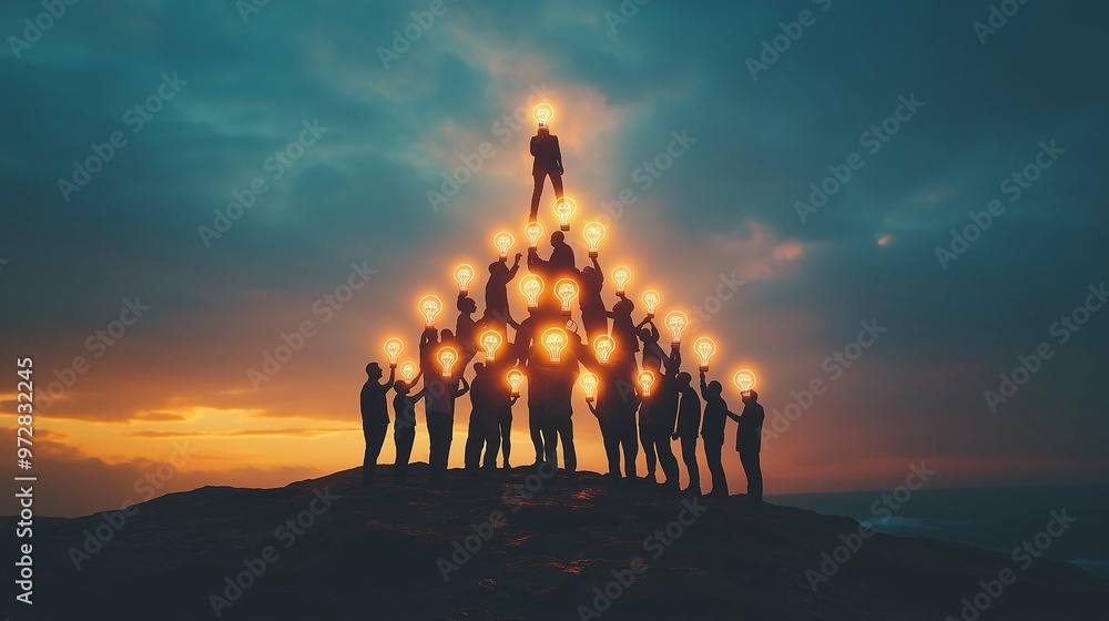 Business professionals forming a human pyramid, with the top person ...