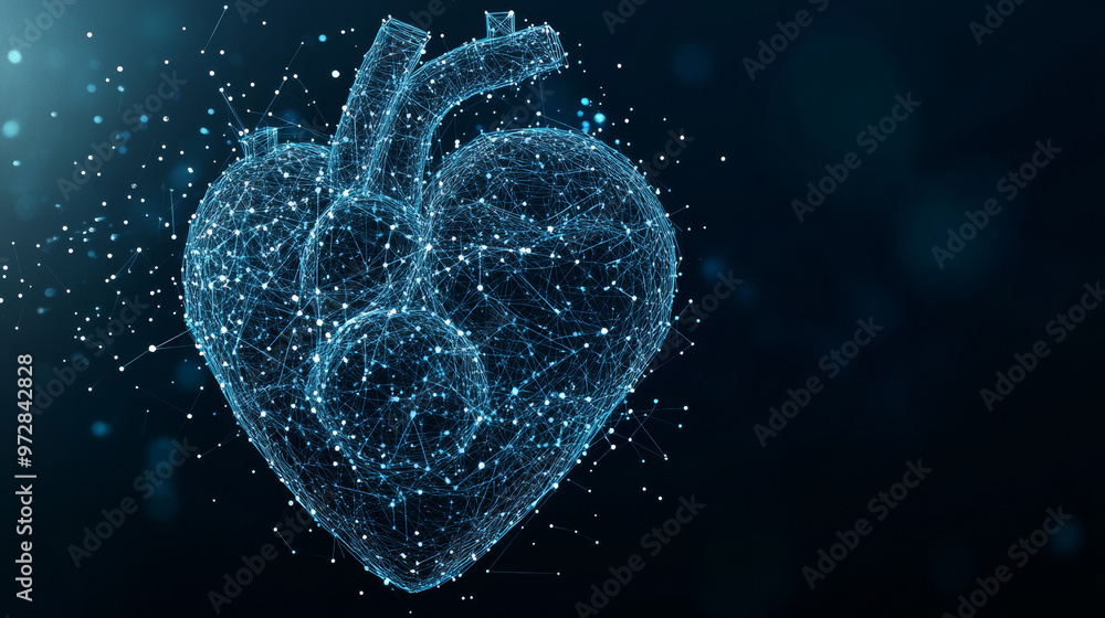 The vector illustration features a digital 3D heart with intricate ...
