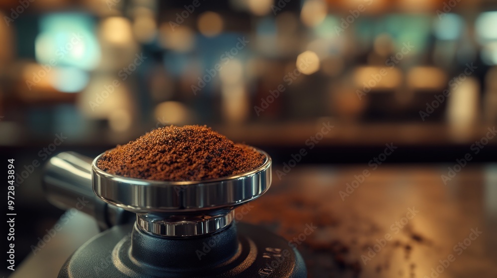 A close-up of a tamper with coffee grounds in a cozy coffee shop, with ...