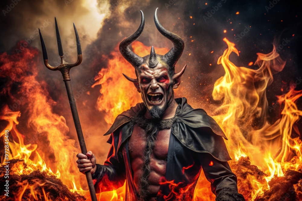 frightening demon or devil with horns and pitchfork dark fire and ...