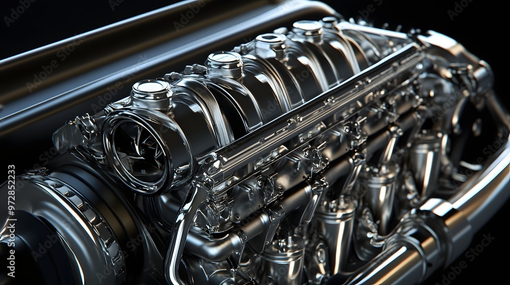 9. **Detailed 3D depiction of a V8 engine with exposed cylinder heads ...