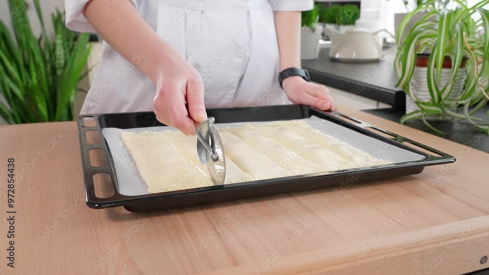 Chef cutting a layered pie greased with egg into strips with a pizza ...