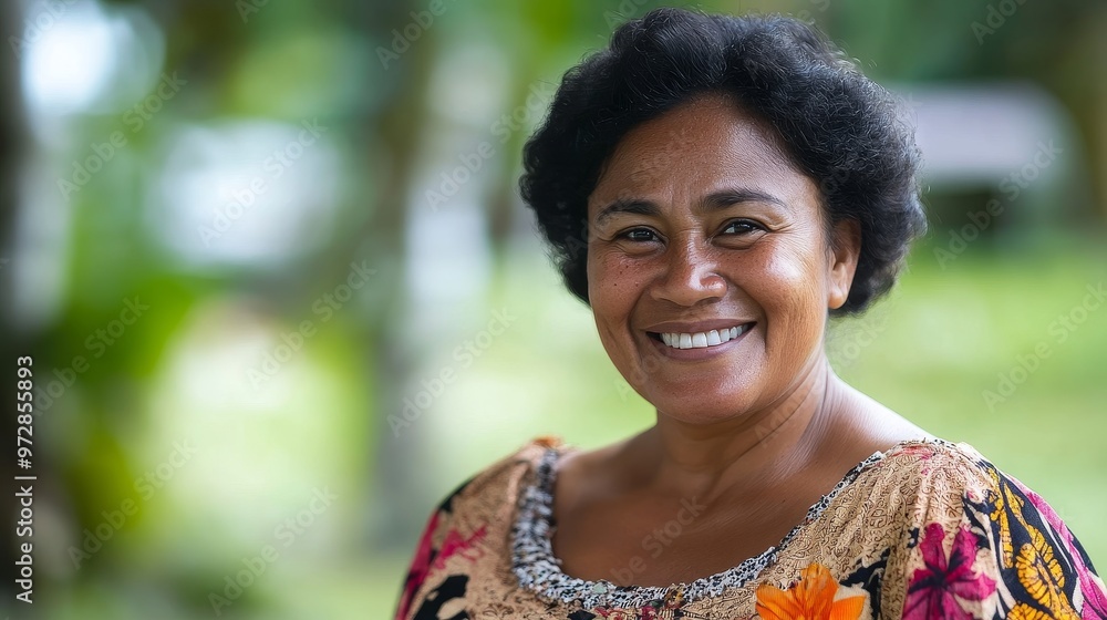 Radiant Middle-aged Samoan Woman in Traditional Puletasi Smiling with ...