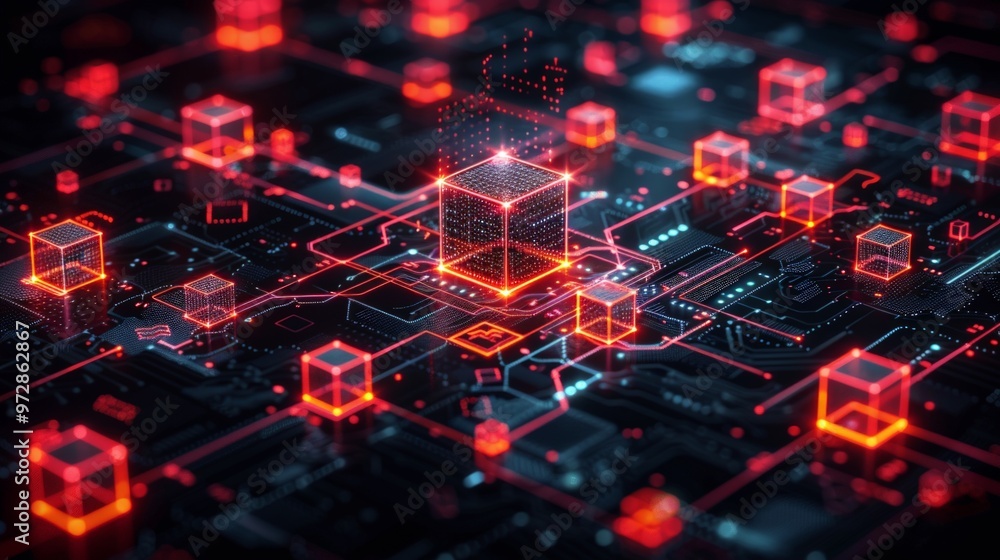 Blockchain Technology: Illustrate a digital concept showing the secure and decentralized nature ...