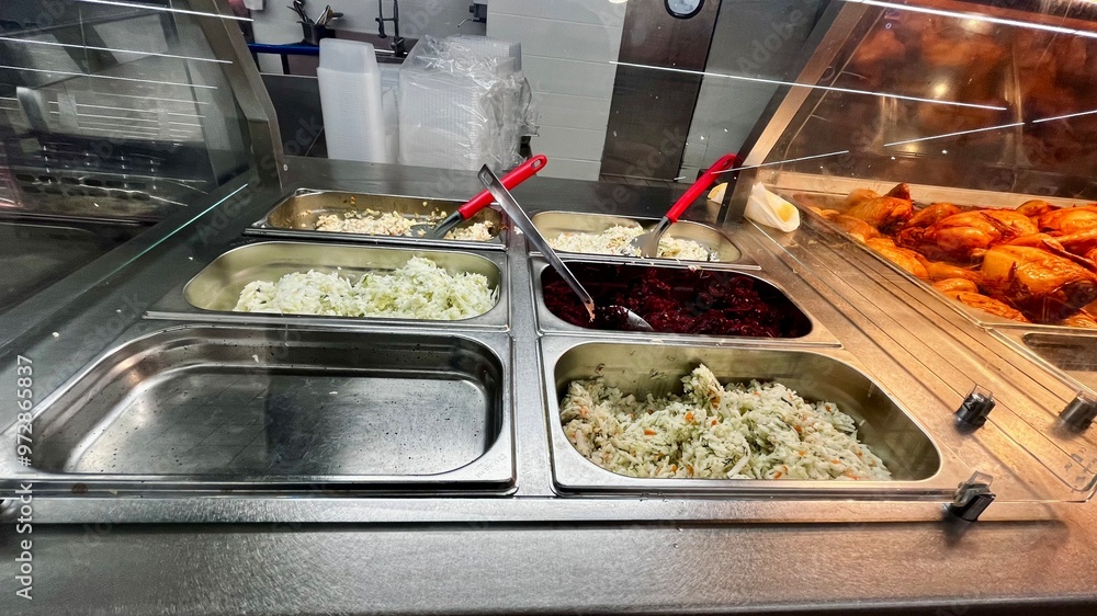 sale of salads in a supermarket, cafe behind the counter in metal ...