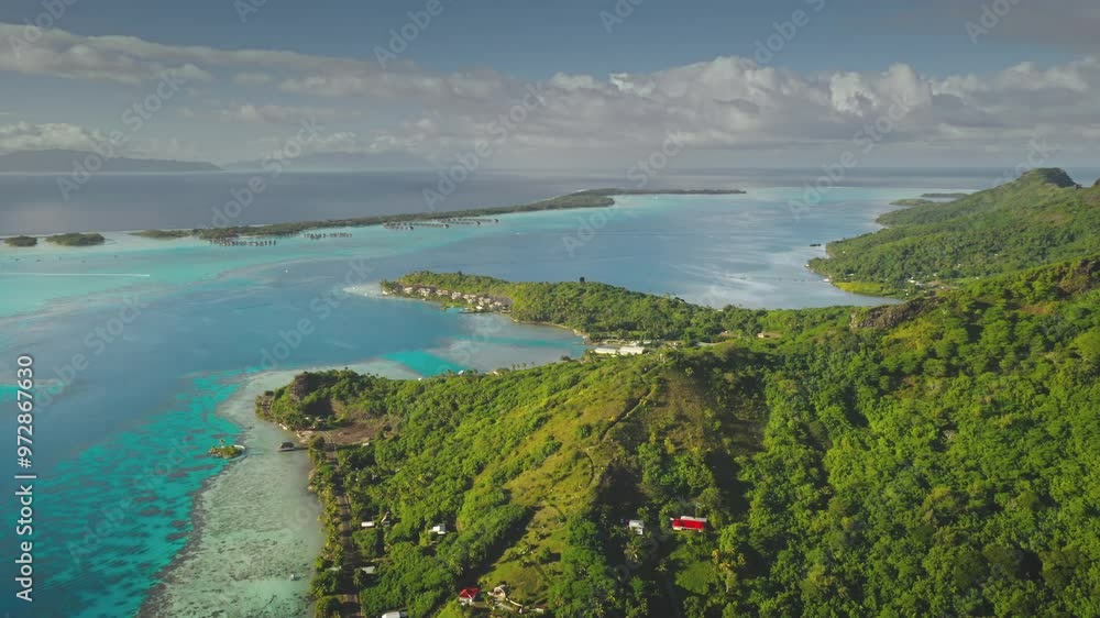 Drone shot Bora Bora tropical island with iconic overwater bungalows ...
