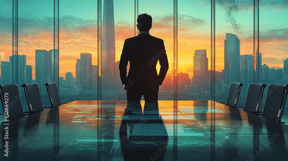 A business leader stands at a conference table, making strategic ...