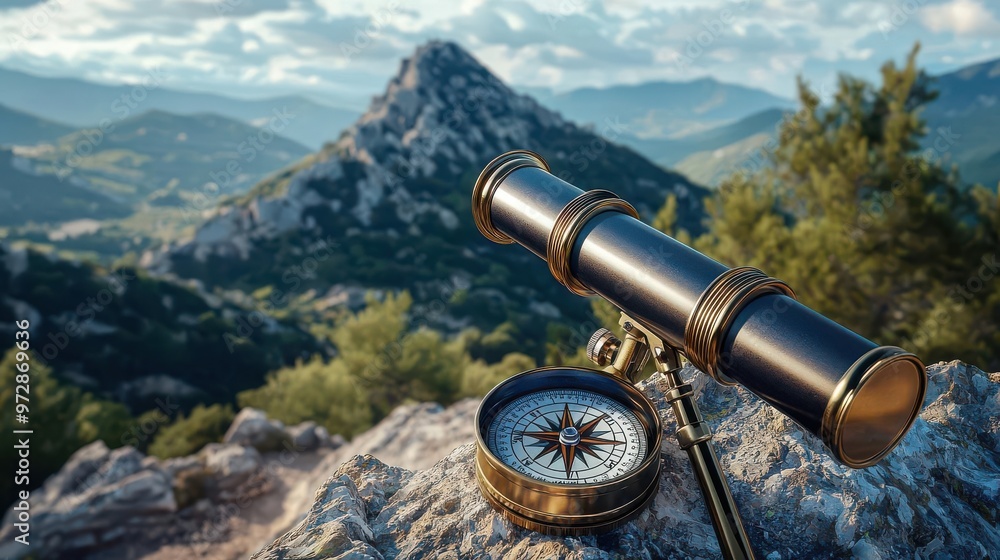 Telescope aimed at a mountain peak, with a compass next to it ...