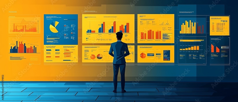 A flat design depiction of a business leader analyzing a planning chart ...