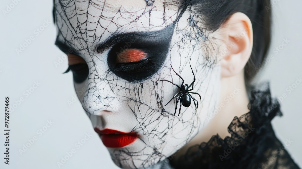 Elaborate makeup featuring a spider web across the face, complete with ...
