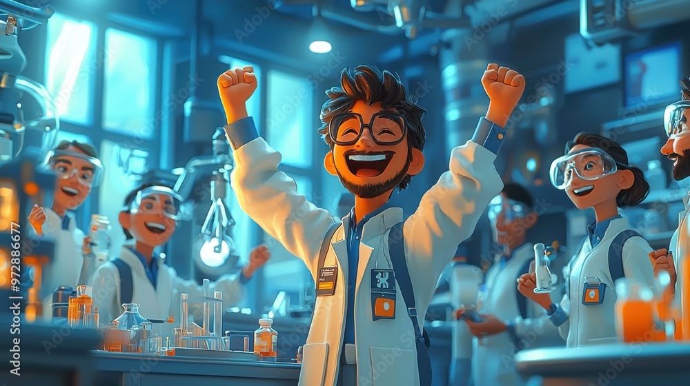 Cartoon Scientists Celebrate Scientific Breakthrough in Lab Victory ...
