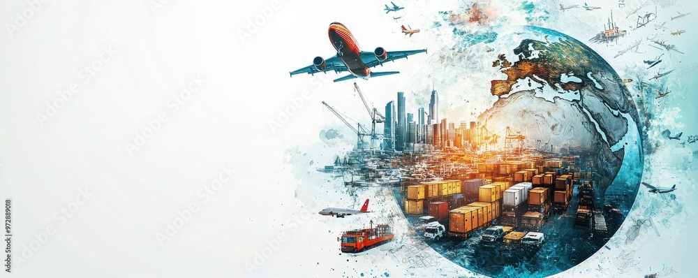 Global logistics and transportation concept with cargo ships, airplanes ...